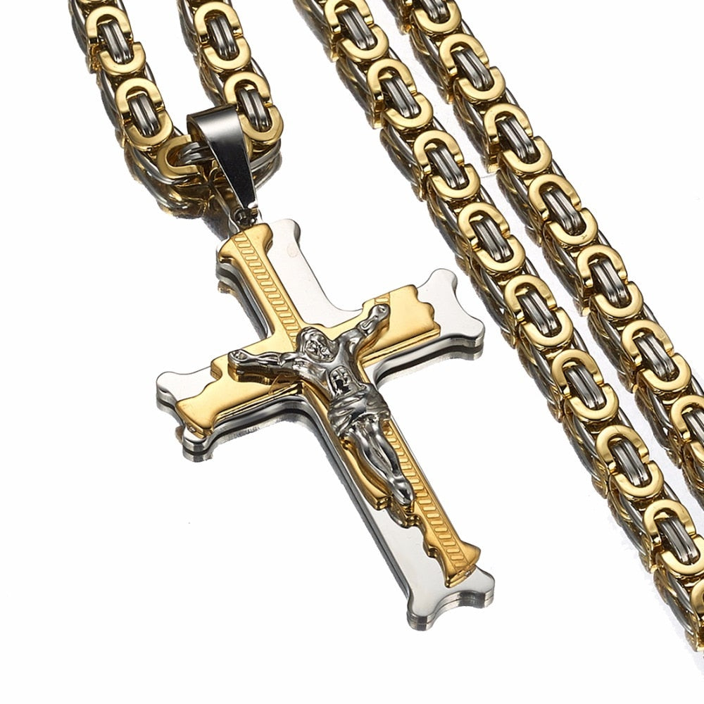 Men's Gold & Silver Jesus Cross Pendant Necklace 6MM — Halo’s London
